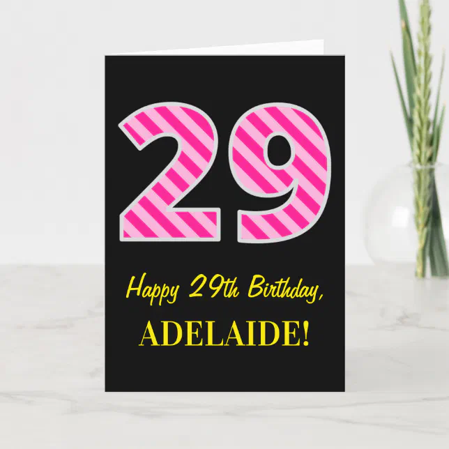Fun Pink Striped "29"; Happy 29th Birthday; Name Card | Zazzle