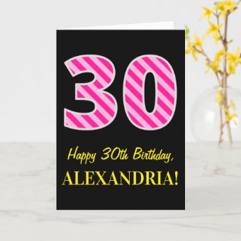 Fun Pink Striped "30"; Happy 30th Birthday; Name Card | Zazzle