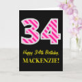 Fun Pink Striped "34"; Happy 34th Birthday; Name Card | Zazzle