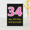 Fun Pink Striped "34"; Happy 34th Birthday; Name Card | Zazzle