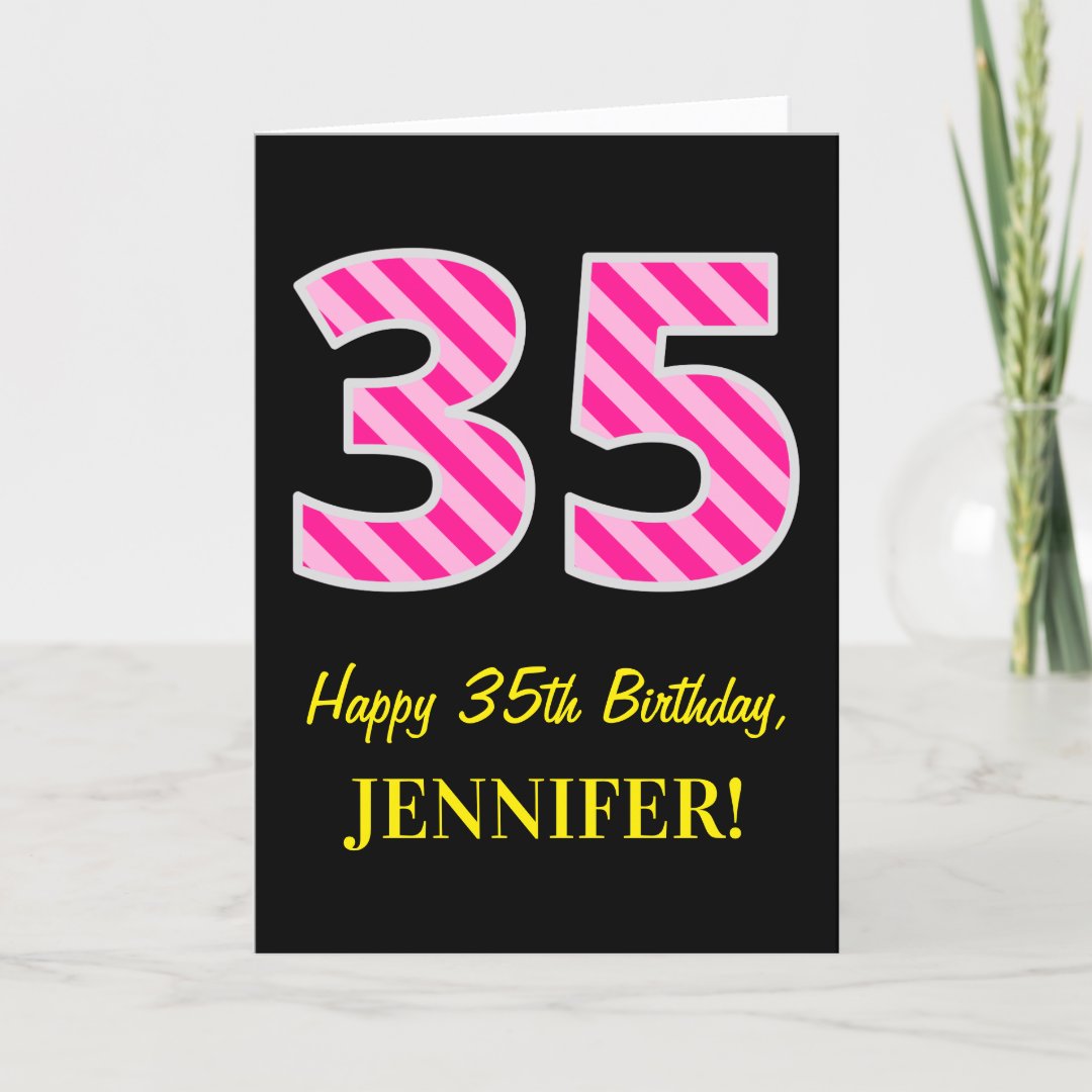 Fun Pink Striped "35"; Happy 35th Birthday; Name Card | Zazzle