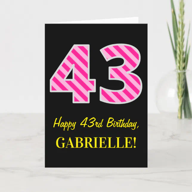 Fun Pink Striped "43"; Happy 43rd Birthday; Name Card | Zazzle