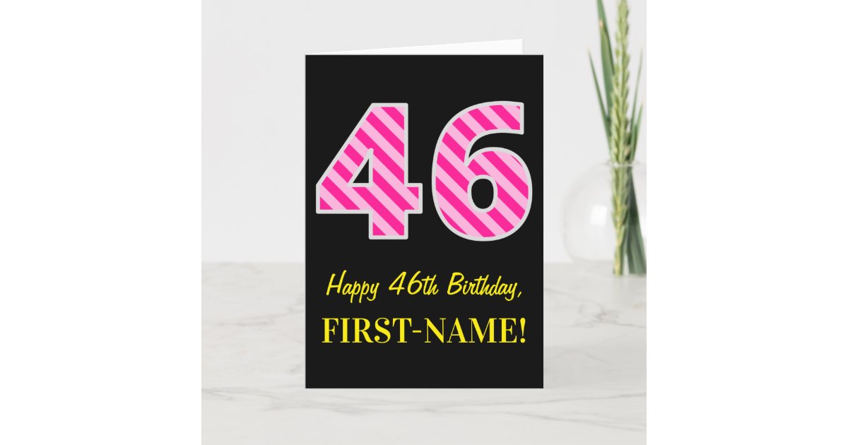 Fun Pink Striped "46"; Happy 46th Birthday; Name Card | Zazzle