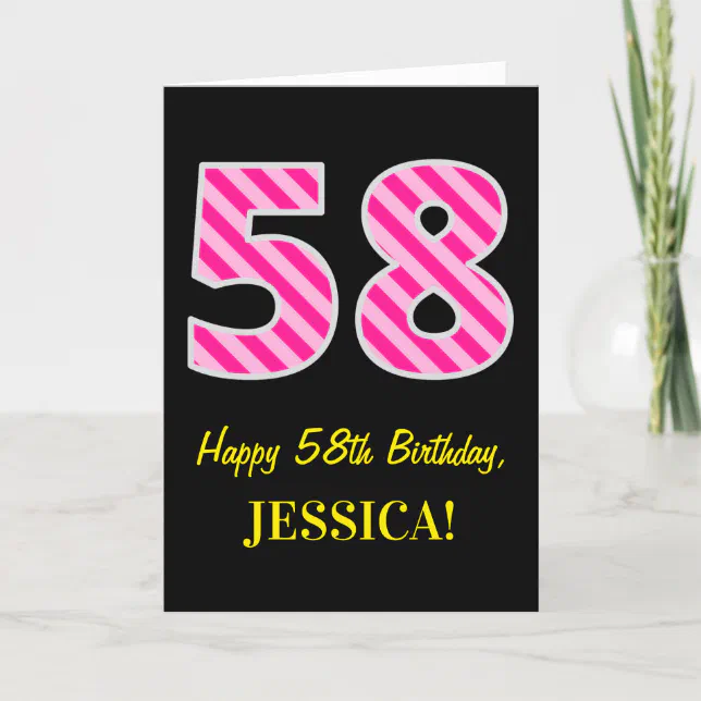 Fun Pink Striped "58"; Happy 58th Birthday; Name Card | Zazzle