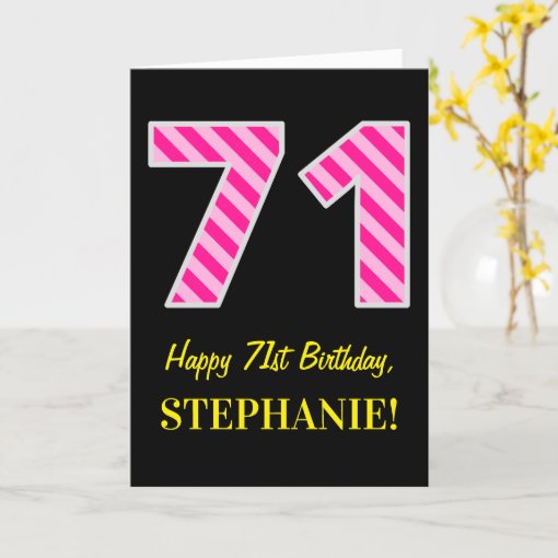 Fun Pink Striped "71"; Happy 71st Birthday; Name Card | Zazzle