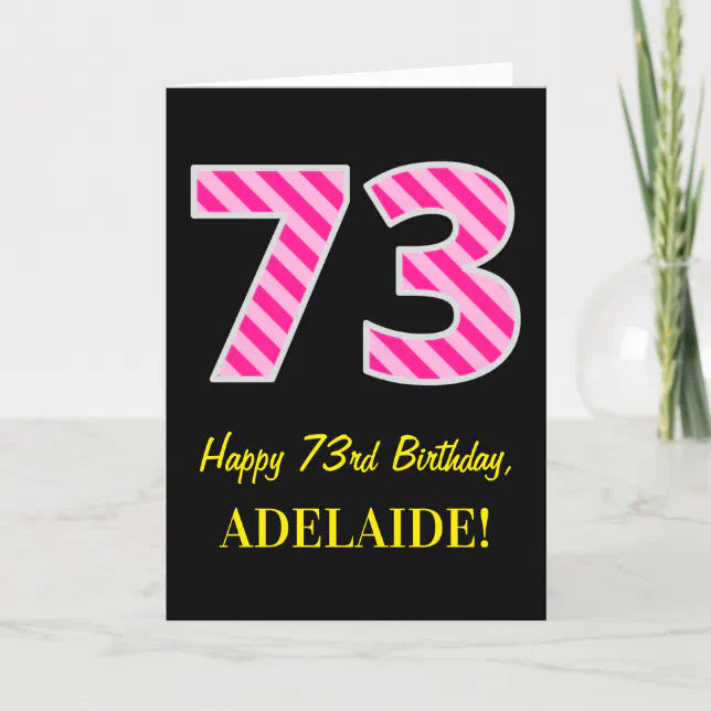 Fun Pink Striped "73"; Happy 73rd Birthday; Name Card | Zazzle