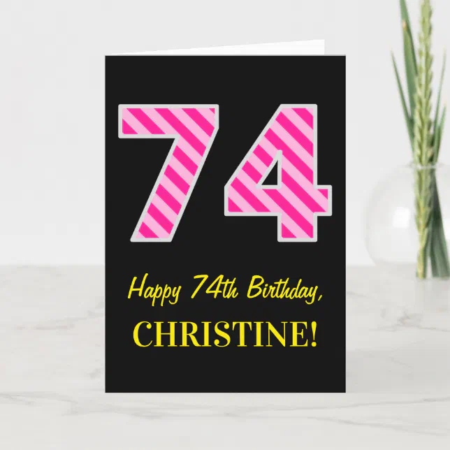 Fun Pink Striped "74"; Happy 74th Birthday; Name Card | Zazzle