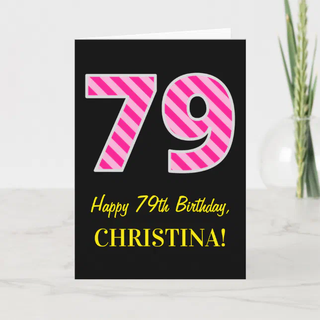 Fun Pink Striped "79"; Happy 79th Birthday; Name Card | Zazzle