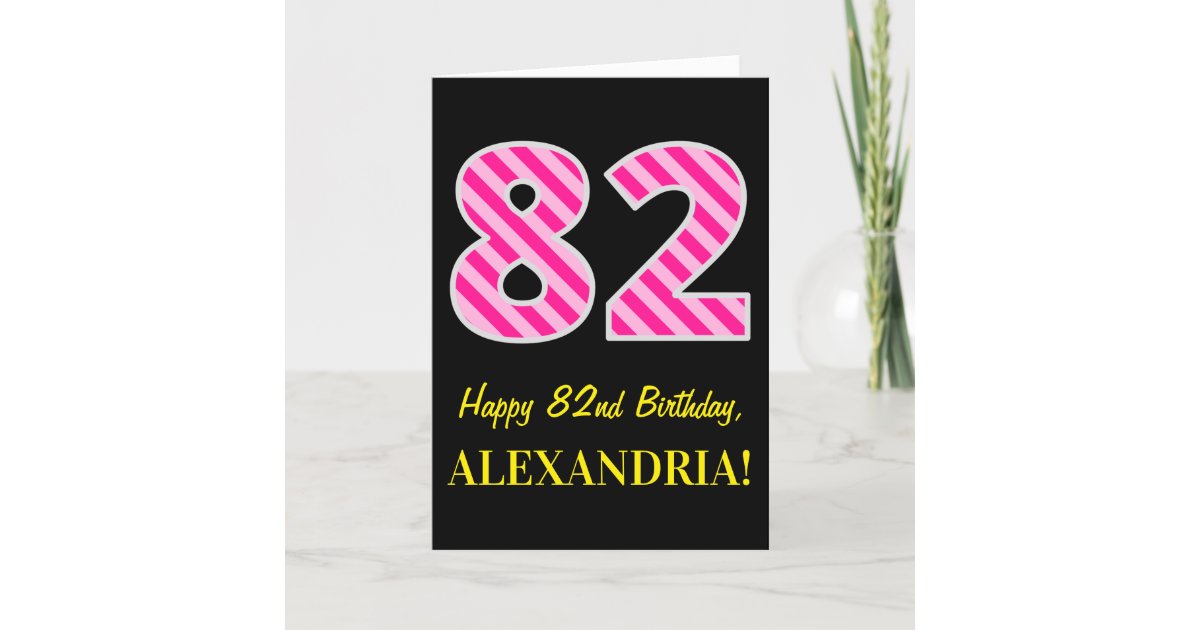 Fun Pink Striped "82"; Happy 82nd Birthday; Name Card | Zazzle