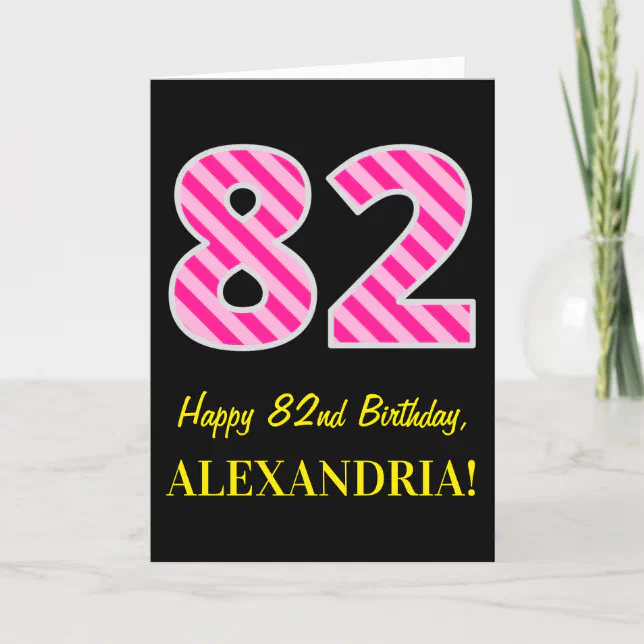 Fun Pink Striped "82"; Happy 82nd Birthday; Name Card | Zazzle