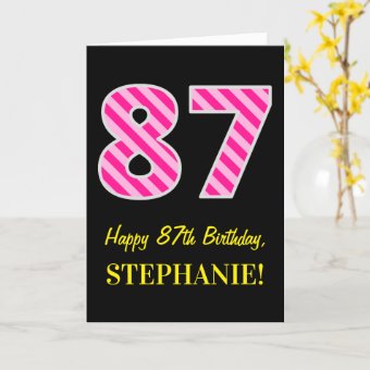 Fun Pink Striped "87"; Happy 87th Birthday; Name Card | Zazzle