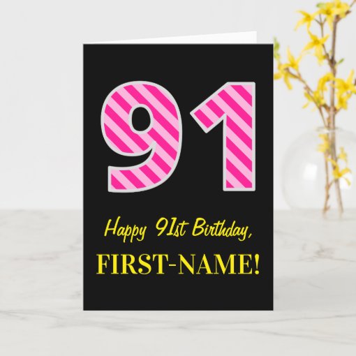 Fun Pink Striped "91"; Happy 91st Birthday; Name Card | Zazzle