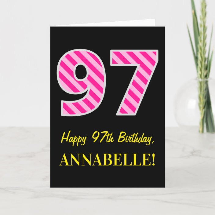 Fun Pink Striped "97"; Happy 97th Birthday; Name Card | Zazzle