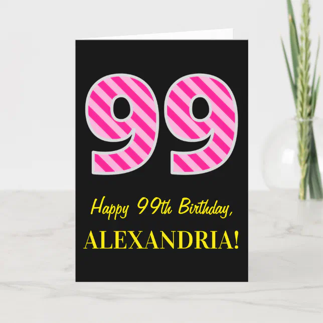 Fun Pink Striped "99"; Happy 99th Birthday; Name Card | Zazzle
