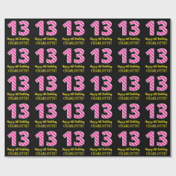 Fun Pink Stripes "13"; Happy 13th Birthday; Name Wrapping Paper | Zazzle