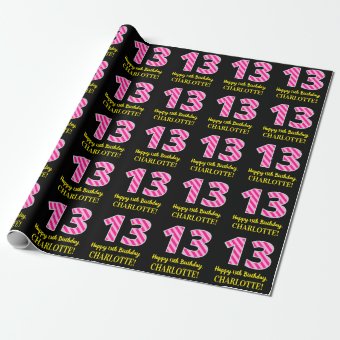Fun Pink Stripes "13"; Happy 13th Birthday; Name Wrapping Paper | Zazzle