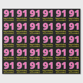 Fun Pink Stripes "91"; Happy 91st Birthday; Name Wrapping Paper | Zazzle