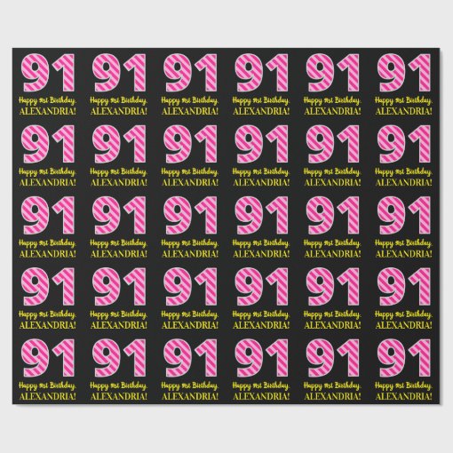 Fun Pink Stripes "91"; Happy 91st Birthday; Name Wrapping Paper | Zazzle