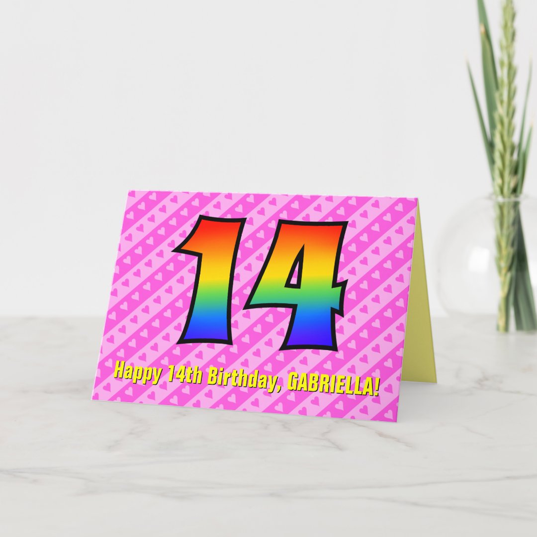 Fun Pink Stripes, Hearts, Rainbow # 14th Birthday Card | Zazzle