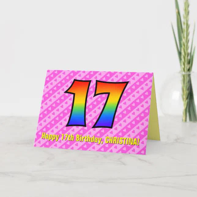 Fun Pink Stripes, Hearts, Rainbow # 17th Birthday Card | Zazzle