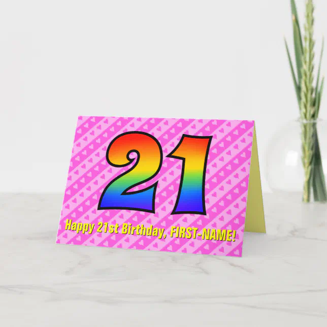 Fun Pink Stripes, Hearts, Rainbow # 21st Birthday Card | Zazzle