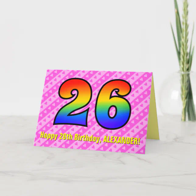 Fun Pink Stripes, Hearts, Rainbow # 26th Birthday Card | Zazzle