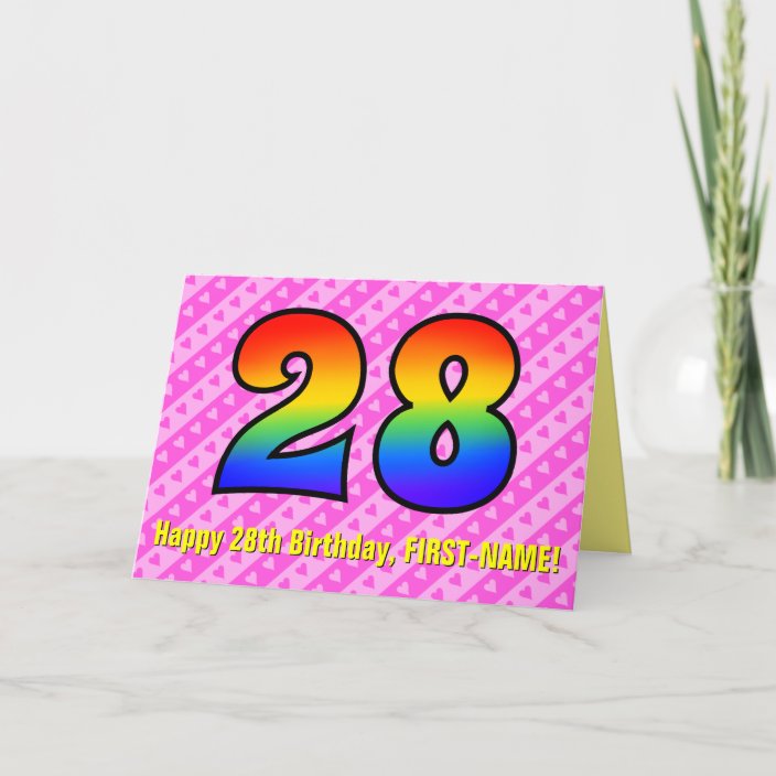 Fun Pink Stripes, Hearts, Rainbow # 28th Birthday Card | Zazzle.com