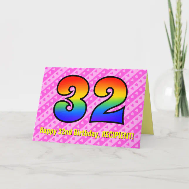 Fun Pink Stripes, Hearts, Rainbow # 32nd Birthday Card | Zazzle
