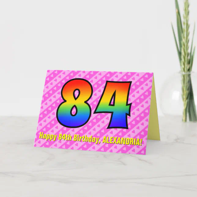 Fun Pink Stripes, Hearts, Rainbow # 84th Birthday Card | Zazzle