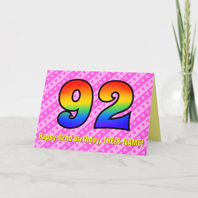 Fun Pink Stripes, Hearts, Rainbow # 92nd Birthday Card | Zazzle