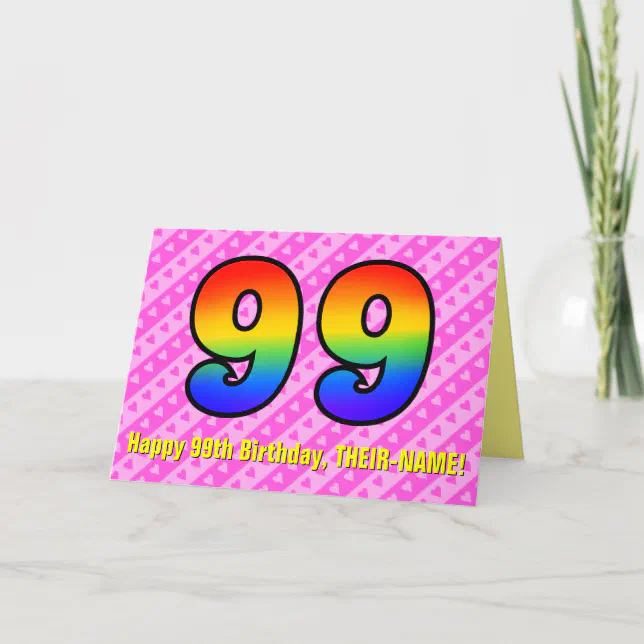 Fun Pink Stripes, Hearts, Rainbow # 99th Birthday Card | Zazzle