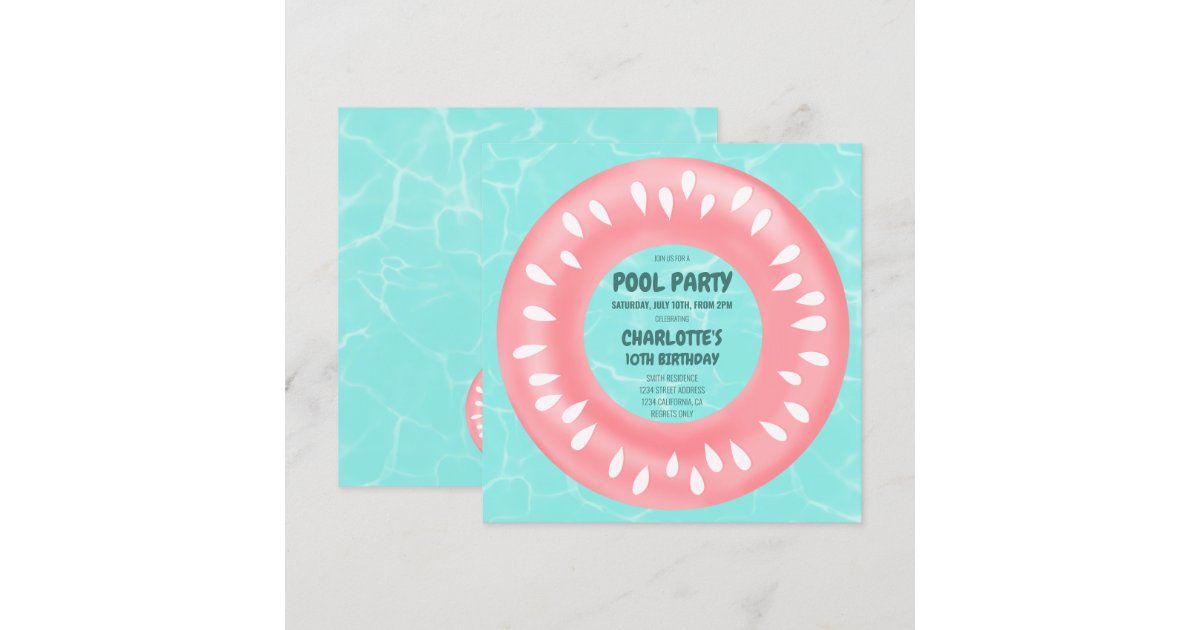 Fun pink watermelon floater pool party birthday invitation | Zazzle