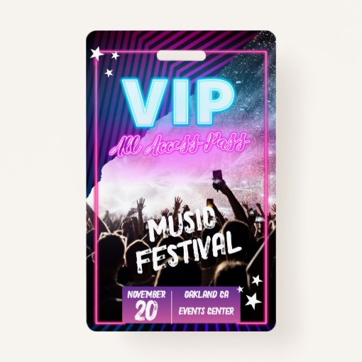 Fun Purple Pink Neon VIP All Access Pass Concert Badge | Zazzle