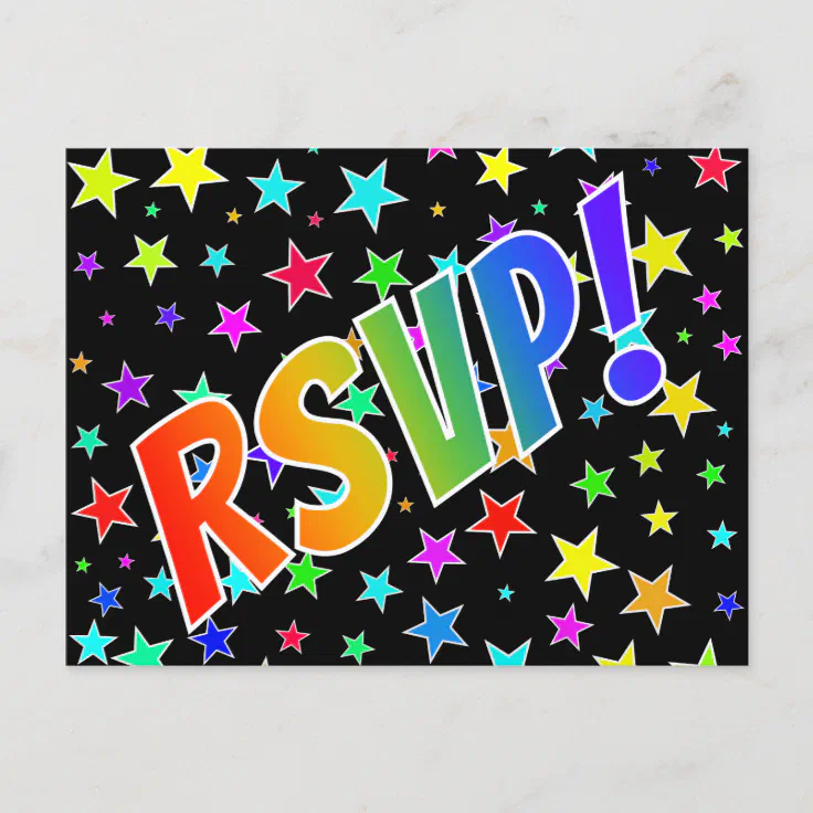 Fun Rainbow Letters "RSVP!" + Stars Pattern Postcard | Zazzle