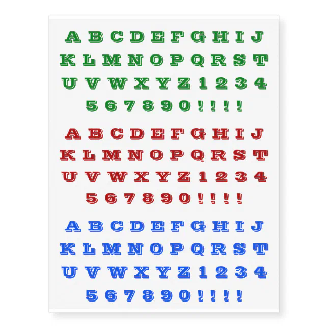 Fun Red, Green, Blue Bold Alphabet Characters Temporary Tattoos | Zazzle