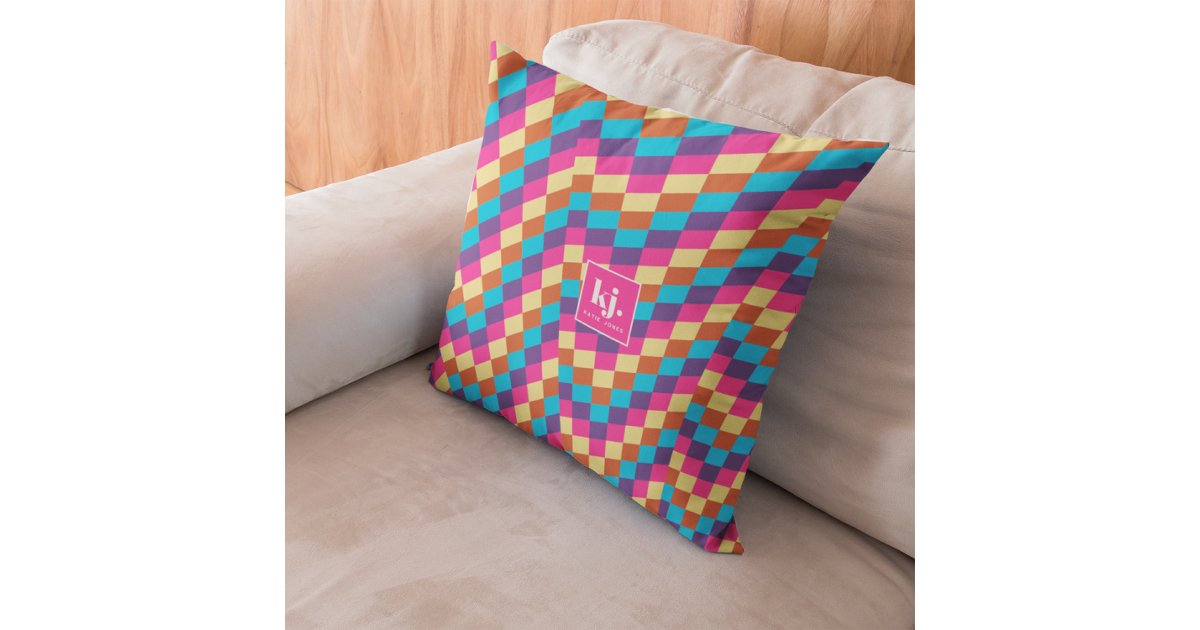 Fun Retro Checks | Stylish Monogram Throw Pillow | Zazzle