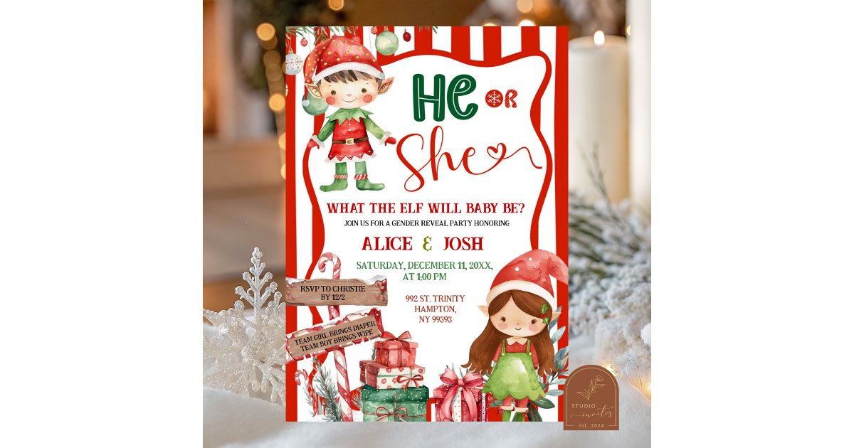 Fun Retro Christmas Elves Gender Reveal Invitation | Zazzle