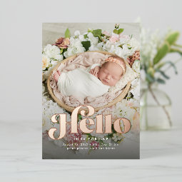 Fun retro hello rose gold photo birth announcement | Zazzle