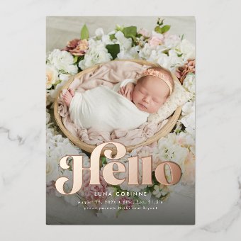 Fun retro hello rose gold photo birth announcement | Zazzle