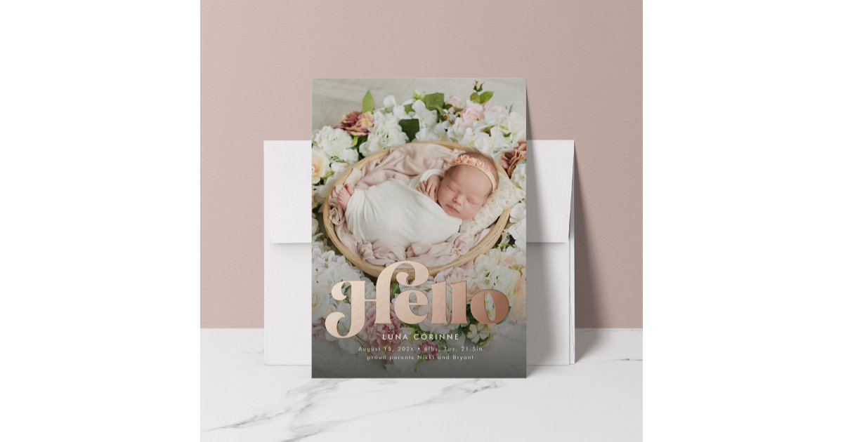 Fun retro hello rose gold photo birth announcement | Zazzle