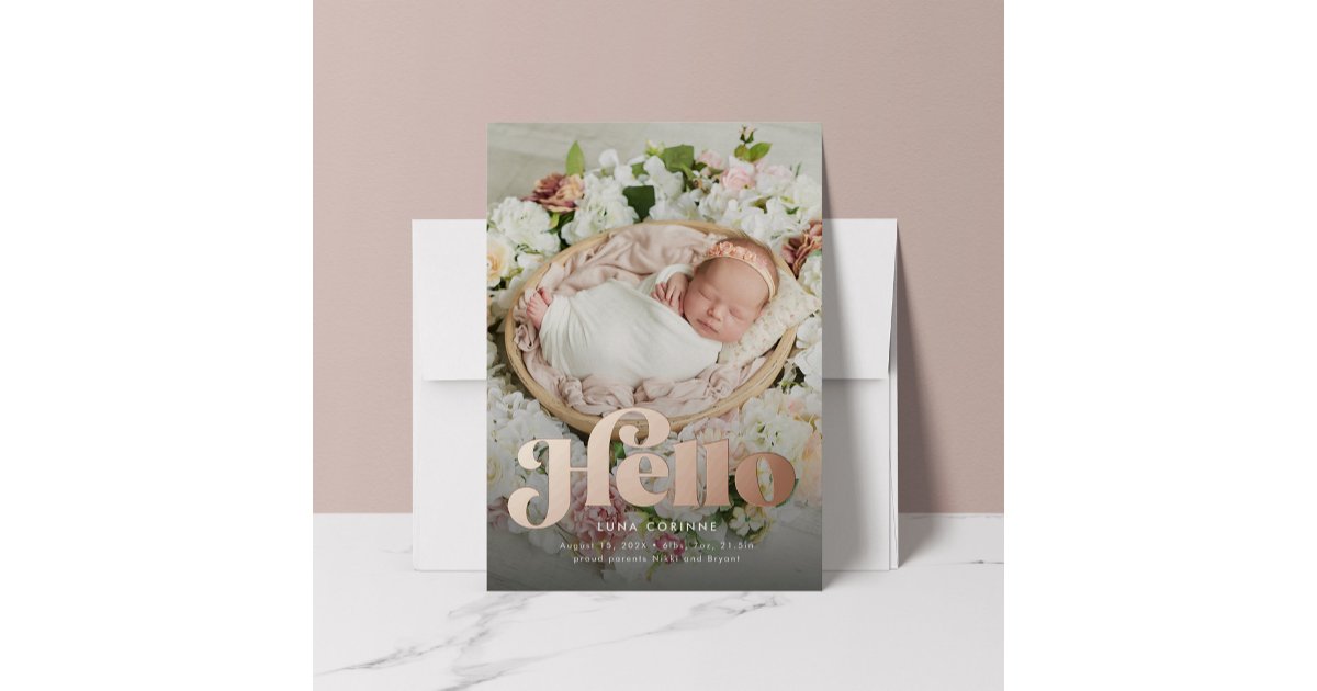 Fun retro hello rose gold photo birth announcement | Zazzle