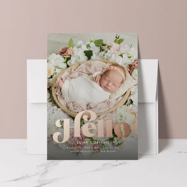 Fun retro hello rose gold photo birth announcement | Zazzle