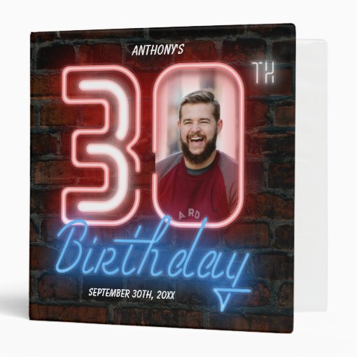 Fun Retro Neon Sign 30th Birthday Custom Photo 3 Ring Binder | Zazzle