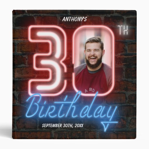 Fun Retro Neon Sign 30th Birthday Custom Photo 3 Ring Binder | Zazzle