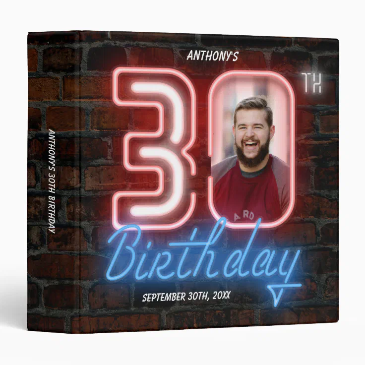 Fun Retro Neon Sign 30th Birthday Custom Photo 3 Ring Binder | Zazzle