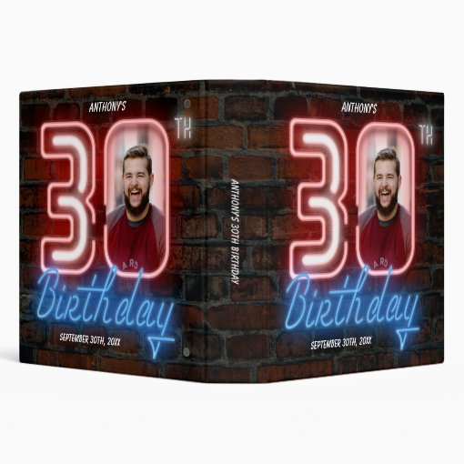 Fun Retro Neon Sign 30th Birthday Custom Photo 3 Ring Binder | Zazzle