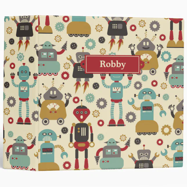 Fun Retro Robots Illustrated Pattern (Cream) Binder | Zazzle