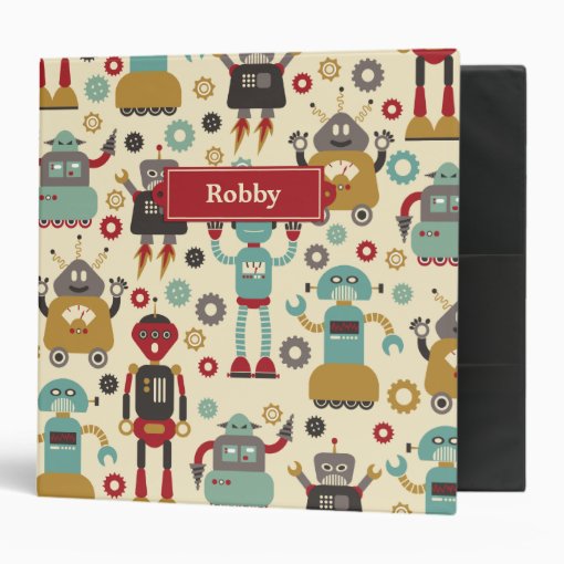 Fun Retro Robots Illustrated Pattern (Cream) Binder | Zazzle