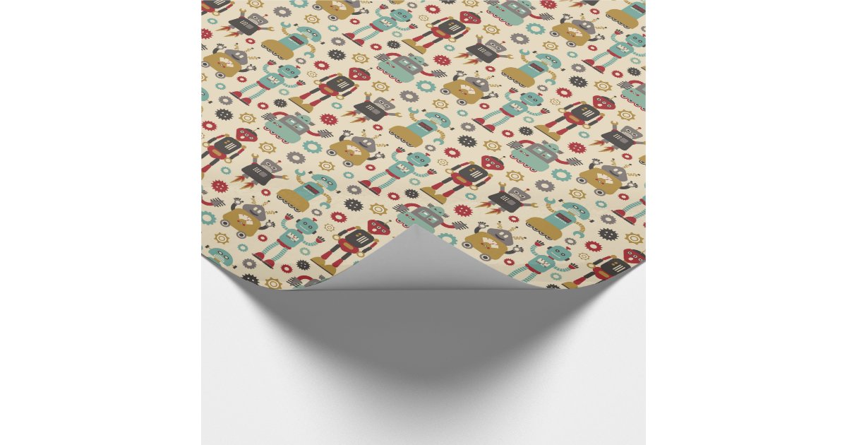 Fun Retro Robots Illustrated Pattern (Cream) Wrapping Paper | Zazzle