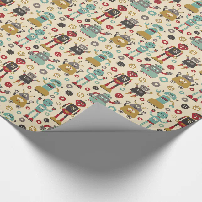 Fun Retro Robots Illustrated Pattern (Cream) Wrapping Paper | Zazzle